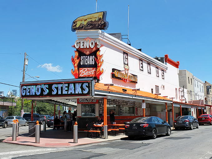The Las Vegas of cheesesteak joints announces itself with neon bravado on the corner of 9th and Passyunk, a Philadelphia landmark that refuses to whisper.