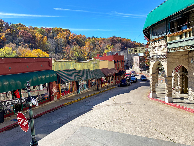 Downtown Eureka Springs winds like a Victorian dream, where red brick buildings and stone facades create a living postcard of Ozark Mountain charm.