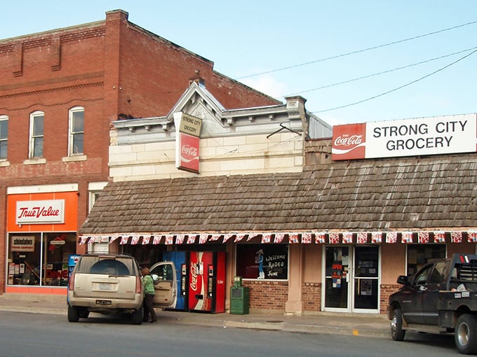 Downtown Strong City stands as a living postcard from another era, where brick buildings and vintage storefronts tell stories of Kansas's ranching heyday.