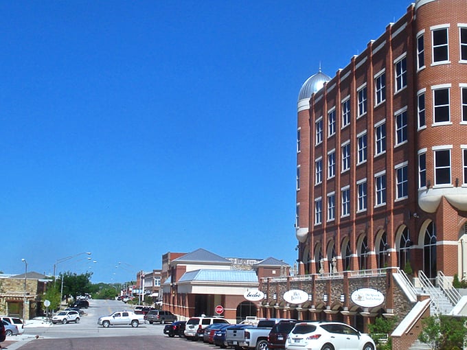 Downtown Sulphur's historic brick buildings transport you to a simpler time, where the Sulphur Bakery promises sweet treasures within its vintage storefront.