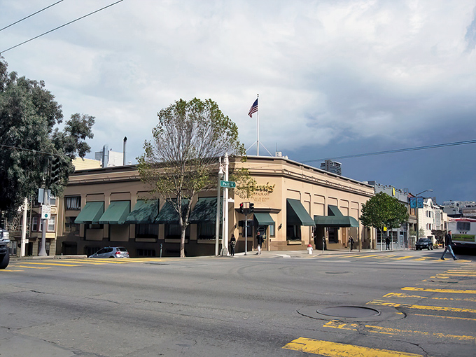 Harris' Restaurant glows with old-school charm at dusk, those signature green awnings beckoning like a carnivore's lighthouse in the San Francisco fog.