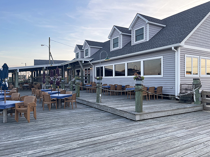 The quintessential coastal charm of JP's on the Wharf beckons with its weathered deck and Cape Cod-style architecture—seafood paradise found!