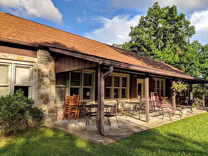 The rustic stone exterior and covered porch of Hilltop Restaurant isn't trying to impress anyone&mdash;and that's precisely why it does.