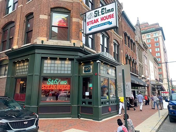 The historic brick fa&ccedil;ade of St. Elmo Steak House stands proudly on Illinois Street, a culinary landmark that's been tempting Indianapolis carnivores for generations.