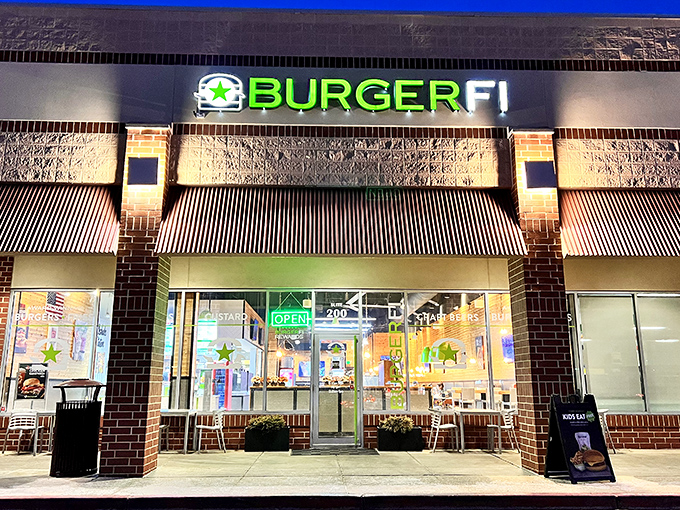 BurgerFi's Columbia storefront stands ready to welcome hungry Marylanders with its distinctive green signage and brick facade&mdash;burger paradise awaits behind those doors.