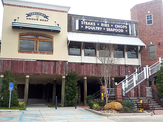 The brick facade of Saltgrass Steak House in Biloxi stands like a carnivore's castle, promising meaty treasures within its Texas-inspired walls.