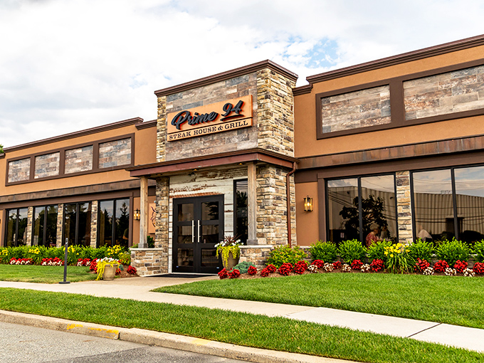 Stone facade, lush landscaping, and an American flag – Prime 94 announces itself with the confidence of a restaurant that knows exactly what it's doing.