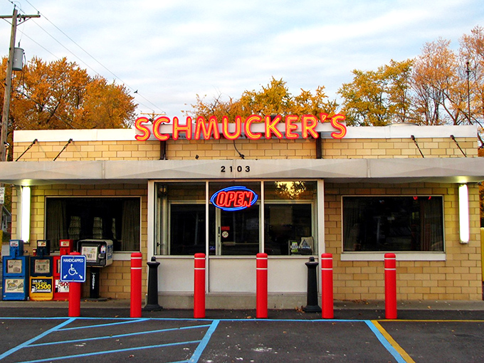 The glowing red sign of Schmucker's beckons like a lighthouse for hungry souls. Time-tested simplicity that promises exactly what it delivers.