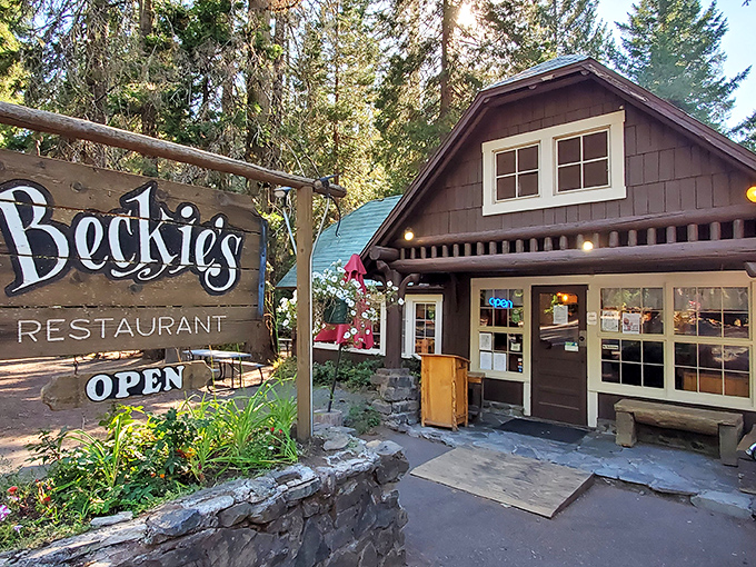 Beckie's rustic cabin exterior looks like it was plucked straight from a fairy tale about comfort food and forest adventures. 