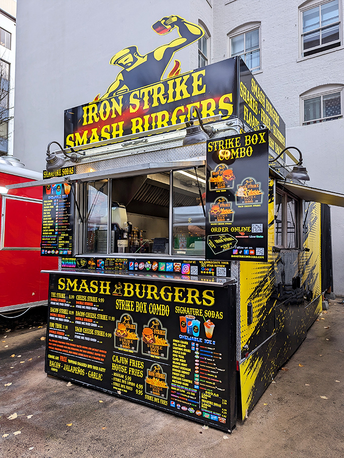 The bright yellow beacon of burger bliss stands proudly among Portland's food carts. Like a culinary lighthouse guiding hungry souls to smash burger paradise.