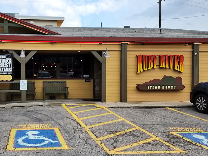 Classic hot rods line up outside Ruby River like a time capsule of American automotive glory. The perfect prelude to the meat-centric feast awaiting inside.