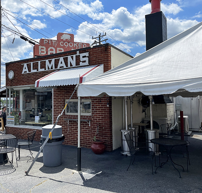 The iconic red chimney and vintage sign at Allman's have been beckoning hungry travelers since Eisenhower was signing bills. BBQ pilgrimage starts here.