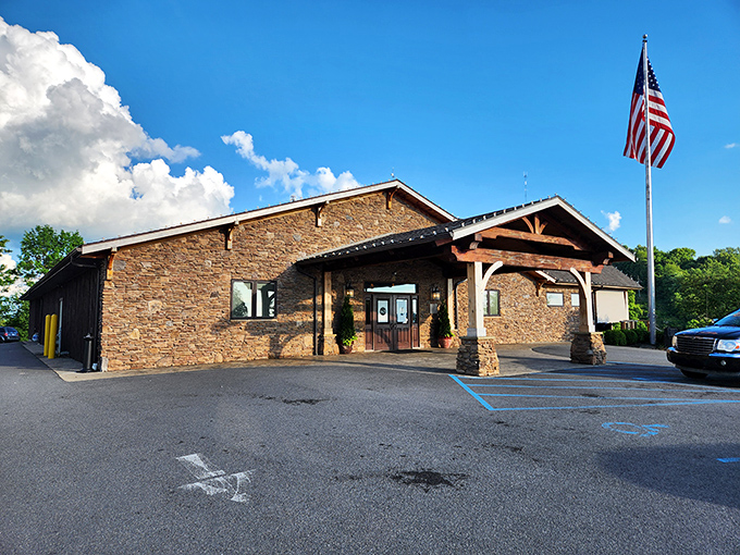 The stone exterior of Wonder Bar stands proudly against West Virginia's blue sky, like a mountain lodge that happens to serve life-changing steaks.