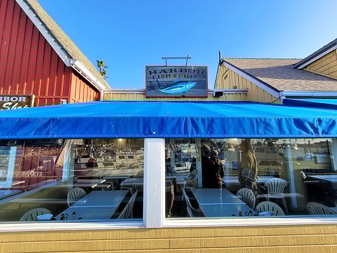 The bright blue awning of Harbor Fish & Chips stands as a beacon for seafood lovers, promising simple pleasures done right in Oceanside Harbor.
