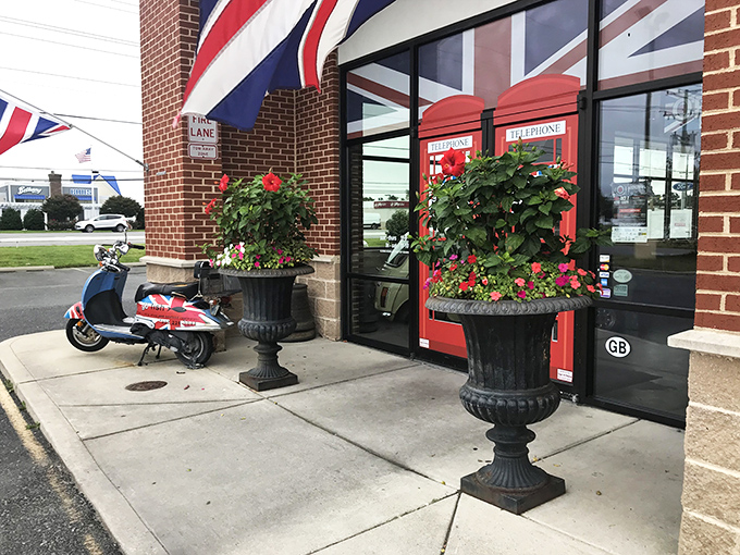 The Union Jack flutters proudly above Go Brit!'s entrance, where even the planters and red telephone booth doors scream "London calling!" A British invasion in Delaware. 