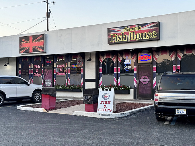 The Union Jack beckons from Clermont's strip mall landscape, promising a taste of Britain that feels delightfully out of place yet perfectly at home.