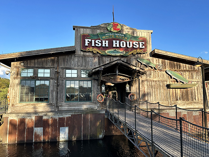 Rustic charm meets lakeside dining at White River Fish House, where weathered wood and water create the perfect Missouri mealtime marriage.