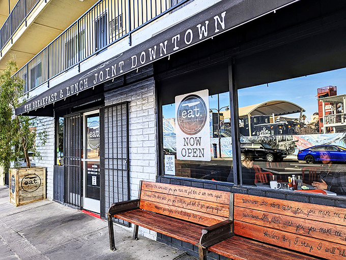 Downtown's best-kept secret hides behind this unassuming storefront. The wooden bench outside invites you to catch your breath before the flavor explosion within.