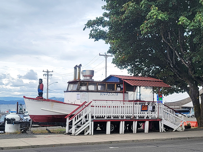 The Bowpicker stands proudly on land like a fish out of water&mdash;a retired gillnetter boat transformed into Astoria's most unique culinary destination.