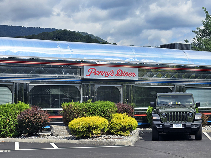 The gleaming silver exterior of Penny's Diner shines like a time-traveling spaceship that landed in the Virginia mountains with a cargo of comfort food.