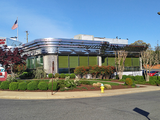 The gleaming stainless steel exterior of Metro 29 Diner stands like a time capsule from the golden age of American dining, complete with that unmistakable retro charm.