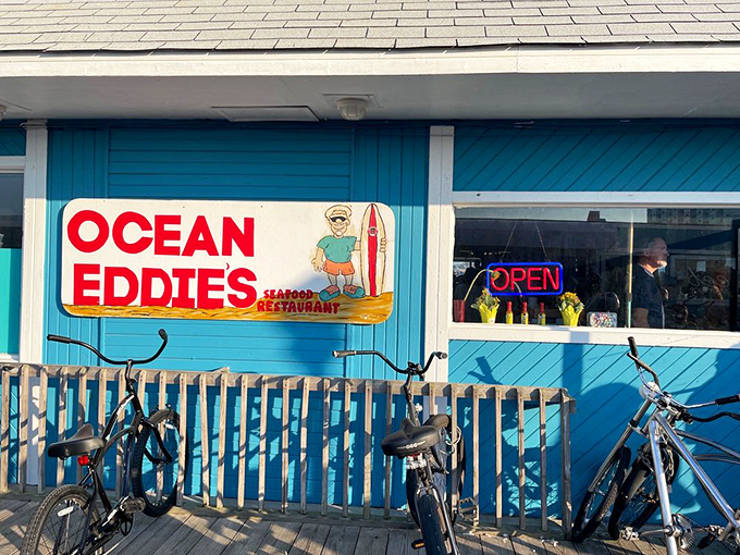 The cheerful blue exterior of Ocean Eddies welcomes seafood lovers like a maritime hug, complete with bicycles parked outside&mdash;transportation for locals who know where the good stuff is.