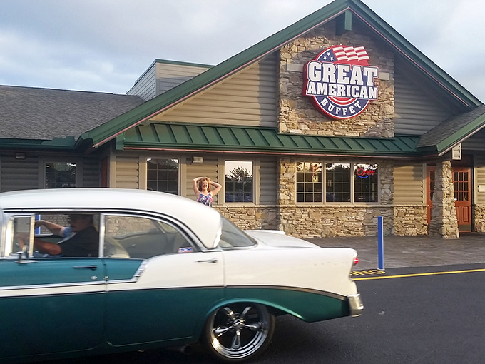 The Great American promise! This roadside beacon in Fredericksburg beckons hungry travelers with the siren song of "All You Can Eat Sirloin Steaks."