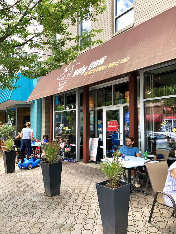 The unassuming storefront of Holy Cow beckons with patriotic bunting and the promise of burger nirvana. Del Ray's worst-kept delicious secret.
