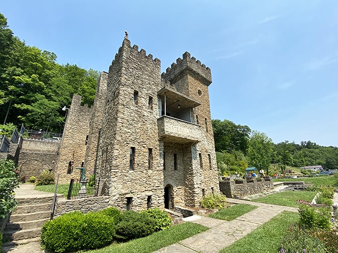 The stone fortress rises from Ohio soil like a medieval mirage, complete with crenellated towers and courtyard&mdash;proof that European dreams can take root in American ground.