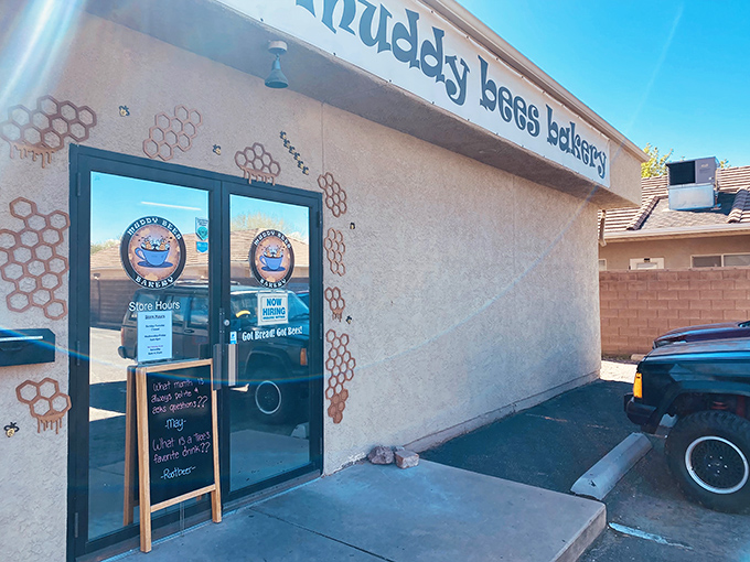 The unassuming exterior of Muddy Bees Bakery hides a wonderland of carb-laden treasures. Those honeycomb designs aren't just decoration&mdash;they're a warning sign for your willpower.