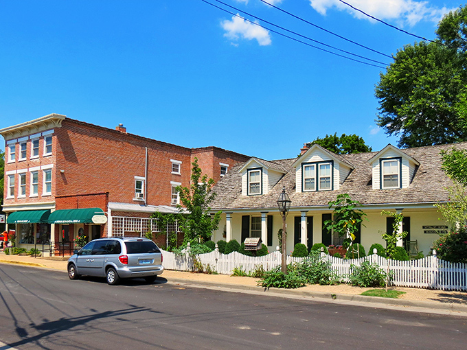Historic streetscapes like this one transport visitors to another era. Ste. Genevieve's well-preserved brick buildings house shops, cafes, and centuries of stories. 