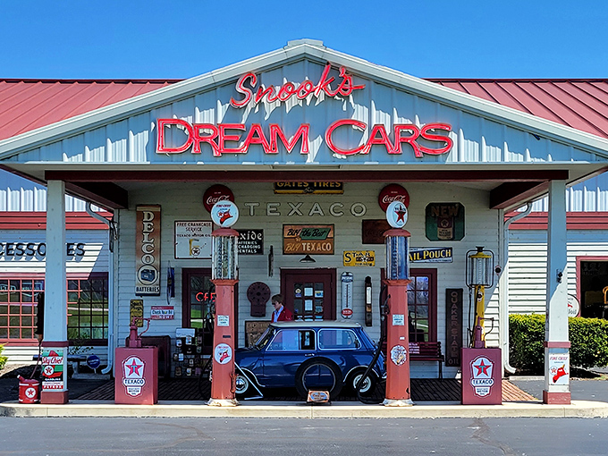 Step back in time at Snook's Dream Cars, where that iconic Texaco sign promises automotive treasures more valuable than the gasoline it once advertised.