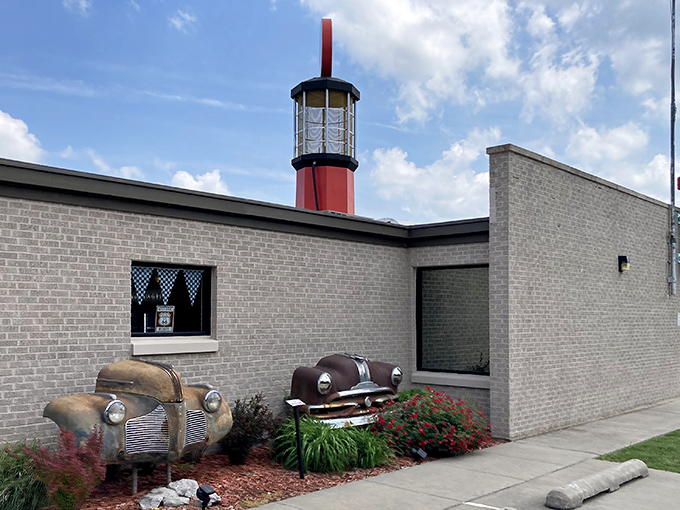 The giant vintage gas pump tower stands like a beacon for car lovers, welcoming visitors to this Route 66 treasure in Sapulpa.