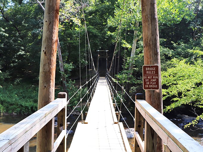 The suspension bridge at Eno River State Park isn't just a crossing—it's an invitation to adventure that sways ever so slightly with each step.