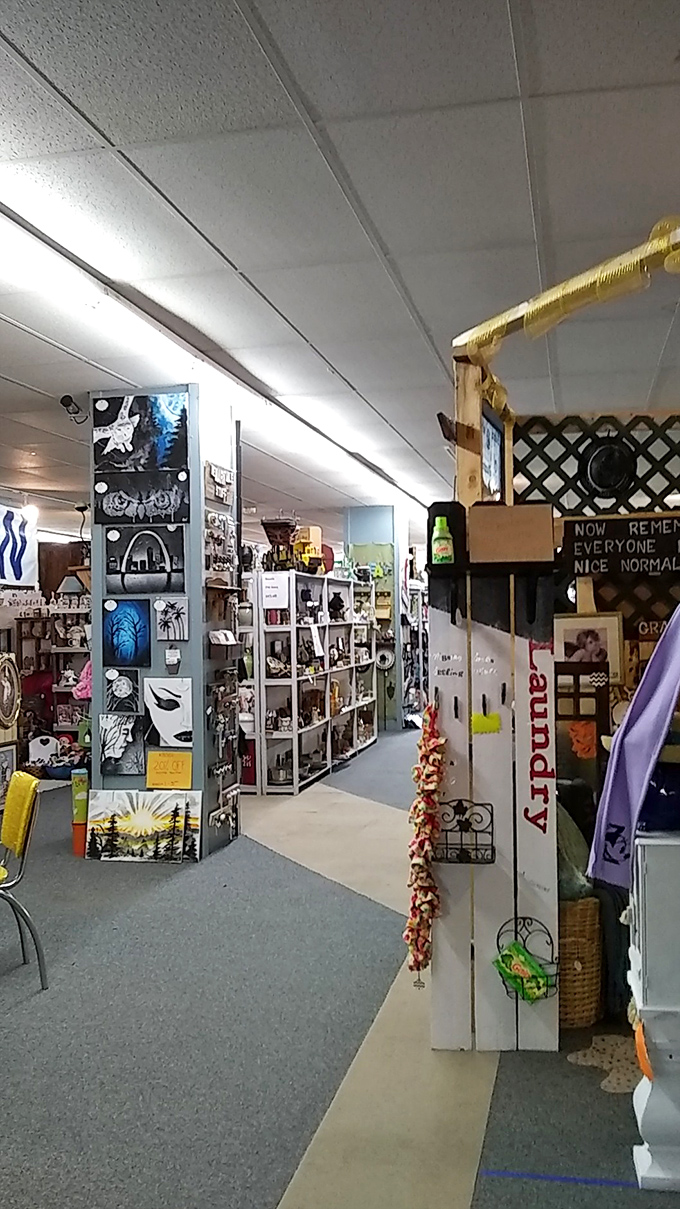 Art pieces line the walkway like a gallery where admission costs nothing but leaving empty-handed seems nearly impossible.