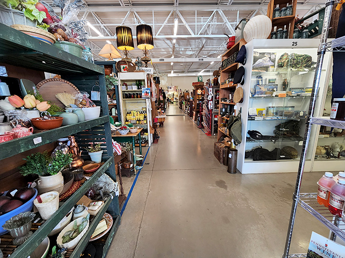Corridors of possibility where every shelf holds someone's future conversation piece. The blue tape on the floor keeps you from getting lost&mdash;usually.