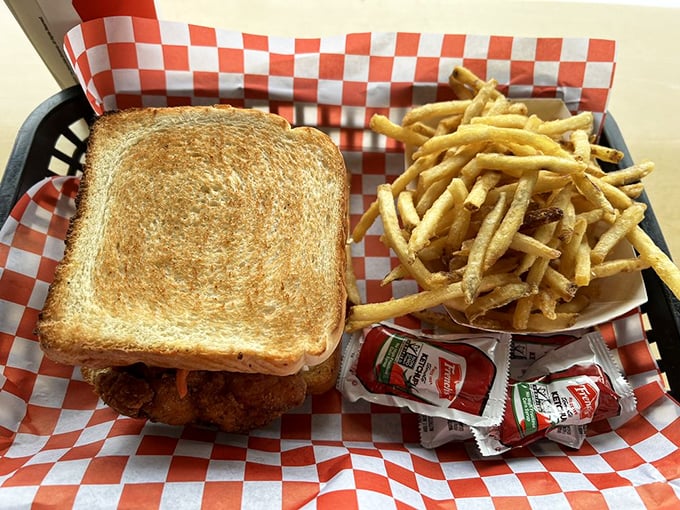 Simplicity perfected &ndash; golden toast, crispy chicken, and fries that could stand alone as a meal. Sometimes the classics need no improvement.
