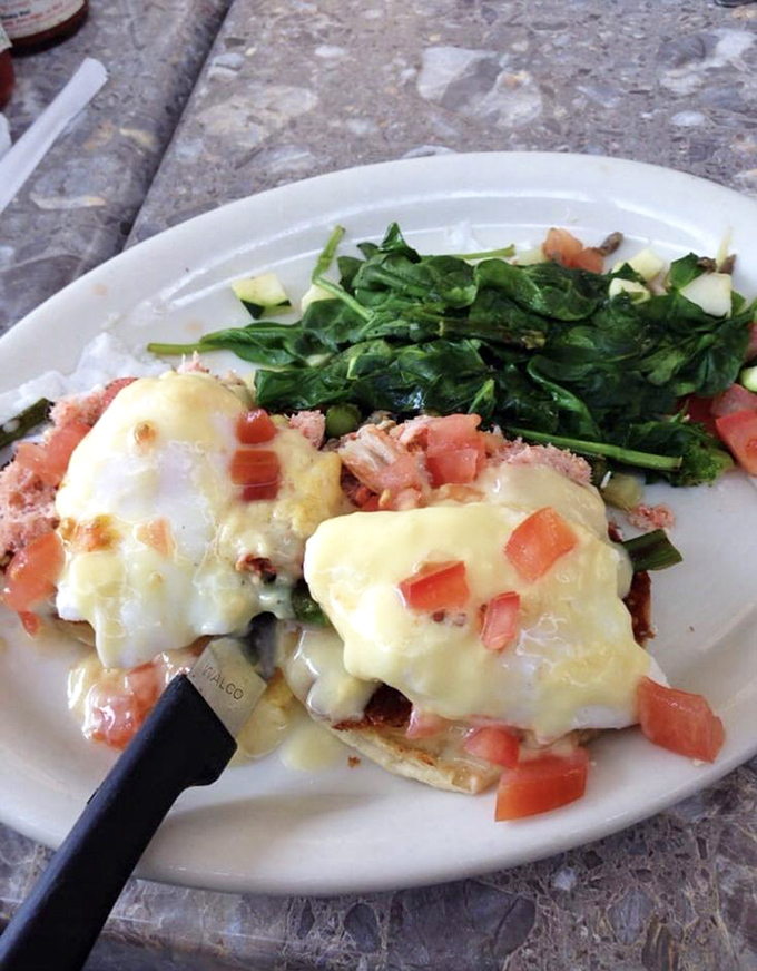 Benedict with a coastal upgrade. Those crab cakes aren't just sitting there&mdash;they're showing off their San Pedro harbor credentials.