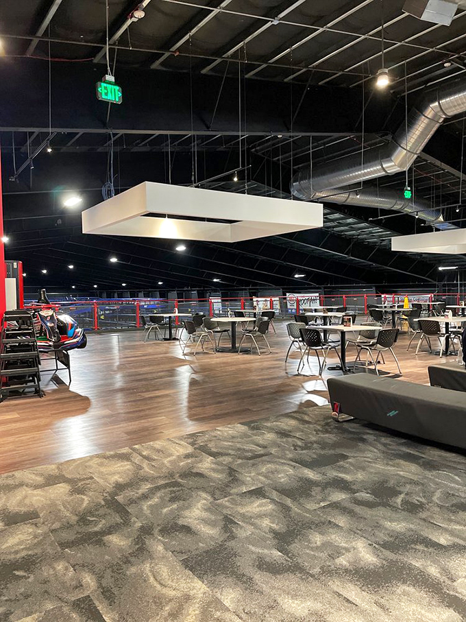 Where refueling happens in style. The dining area offers a pit stop with actual comfortable seating and a view of the racing action.