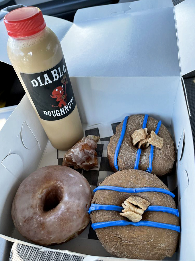 Breakfast of champions: Diablo's bottled elixir accompanies a quartet of donuts that make Monday mornings something to actually look forward to.