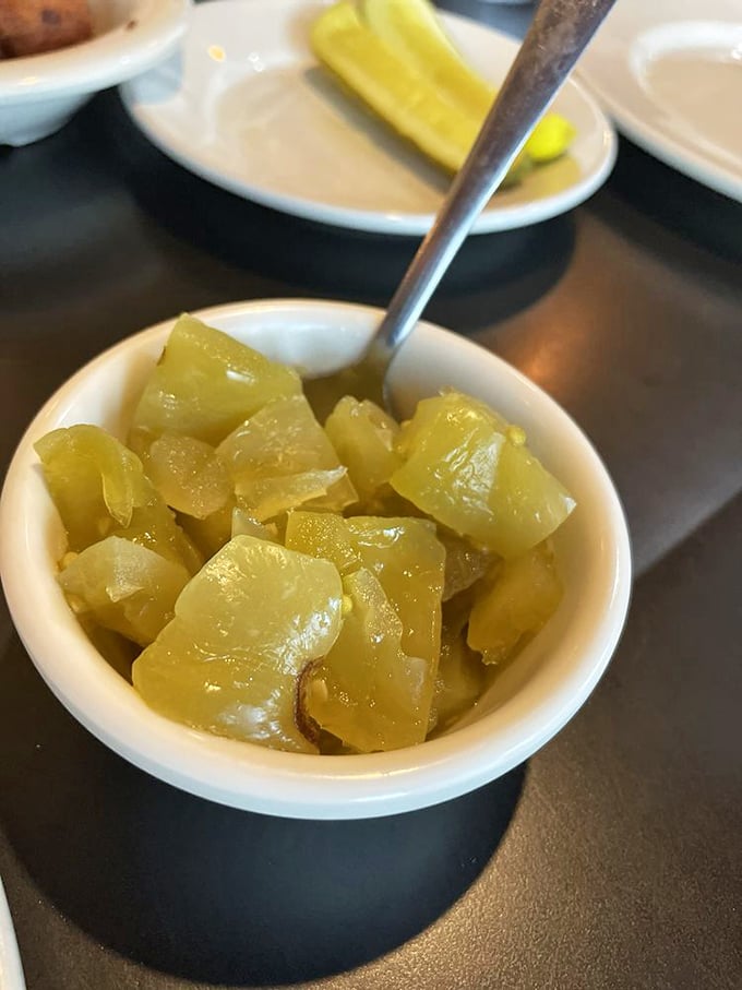 This isn't just pickle relish&mdash;it's the tangy counterpoint that cuts through fried goodness like a well-timed punchline.