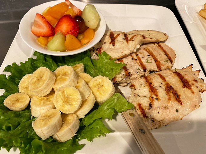 Grilled chicken that's actually grilled, not just stamped with fake marks, accompanied by nature's candy in its purest form.