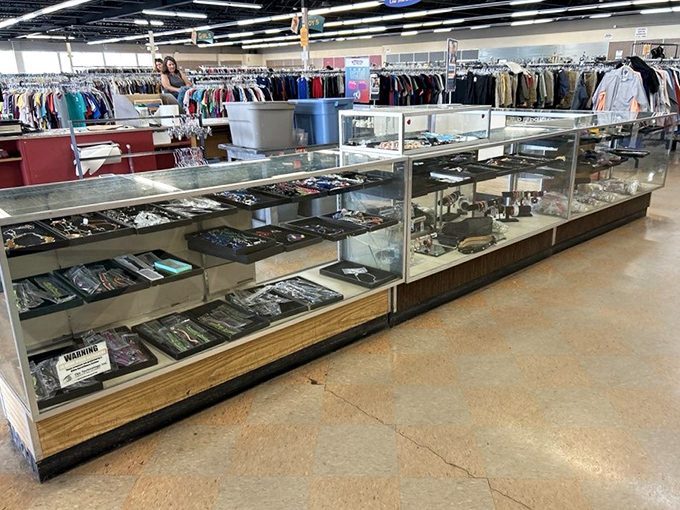 The jewelry counter gleams with possibility. Vintage accessories and modern pieces await their chance to complement your perfect outfit.