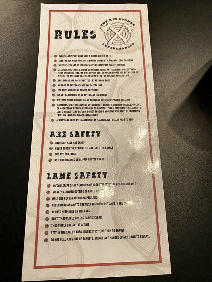 The rules of axe throwing read like a combination of common sense and things learned the hard way. "Axes are sharp" seems worth mentioning.