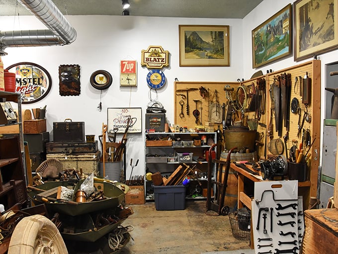 The tool section feels like stepping into your grandfather's workshop, complete with vintage signs and perfectly organized implements of creation.