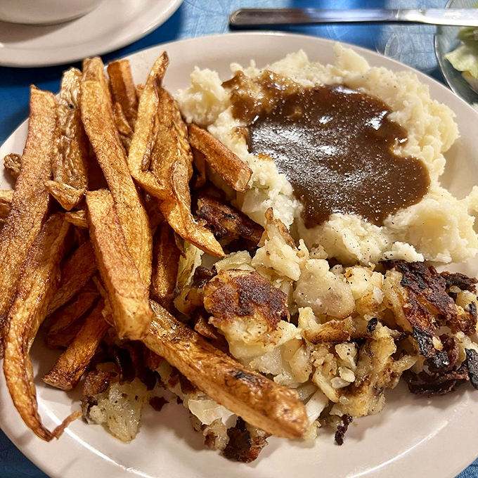 Those fries aren't just golden&mdash;they're the color of childhood memories, perfectly paired with mashed potatoes that never met a box.
