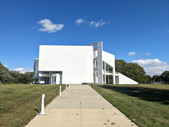 The startlingly modern Atheneum visitor center stands like a white geometric sculpture against Indiana's blue sky&mdash;Richard Meier's masterpiece in miniature.