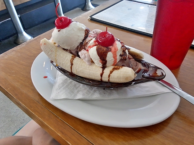 The banana split: Proof that sometimes the classics endure for a reason. Three scoops of nostalgia served in a boat of happiness.