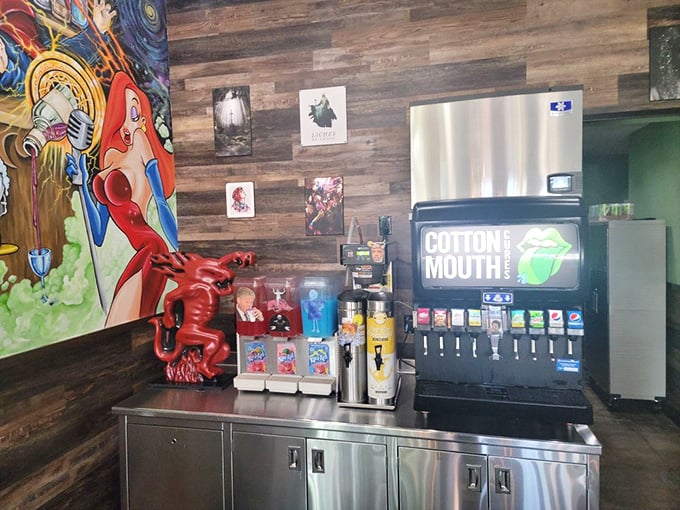 Where art meets refreshment. This beverage station could be in a modern design magazine, but it's here serving your sandwich needs instead.