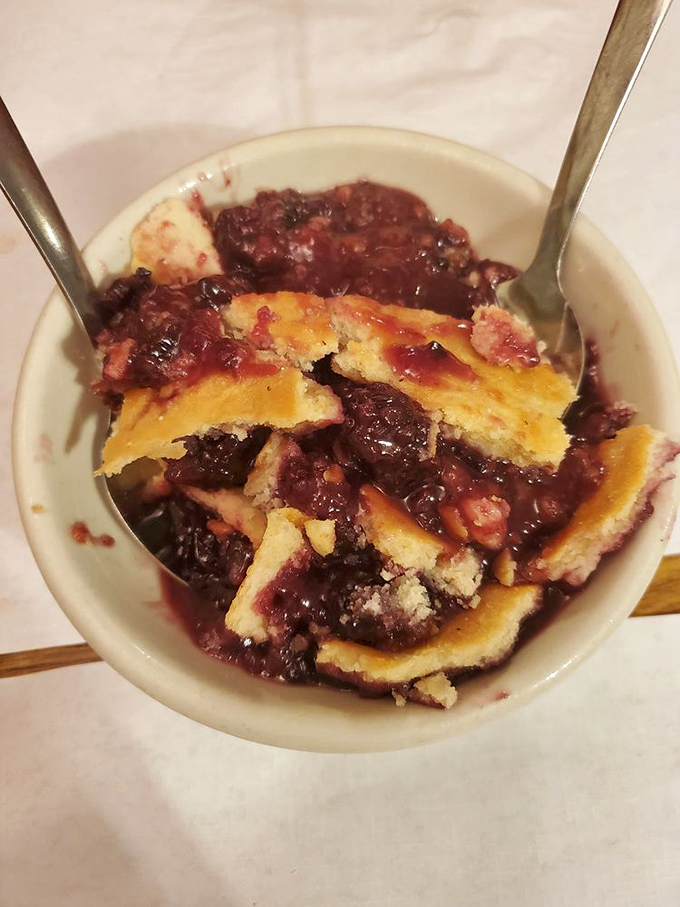 Blackberry cobbler that tastes like summer in the Ozarks. The perfect sweet-tart finale that somehow finds room in already-full stomachs.